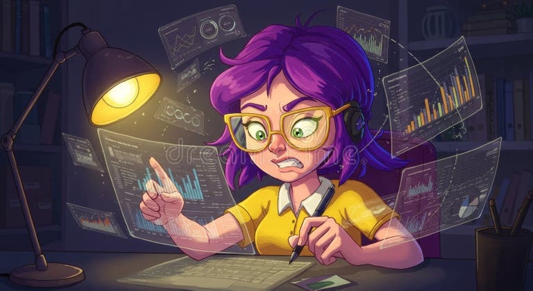 Engaging Cartoon of an Intense Worker Analyzing Data this Engaging ...