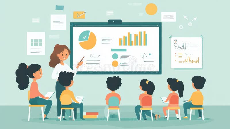 Engaging Classroom Scene with Teacher Presenting Data on Smartboard To ...