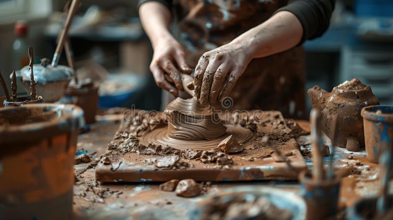 Engaging Clay Sculpting in an Art Studio Hands at Work with Tools and ...