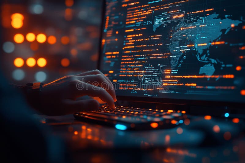 Engaging in Digital Exploration at a Dimly Lit Workspace Filled with ...