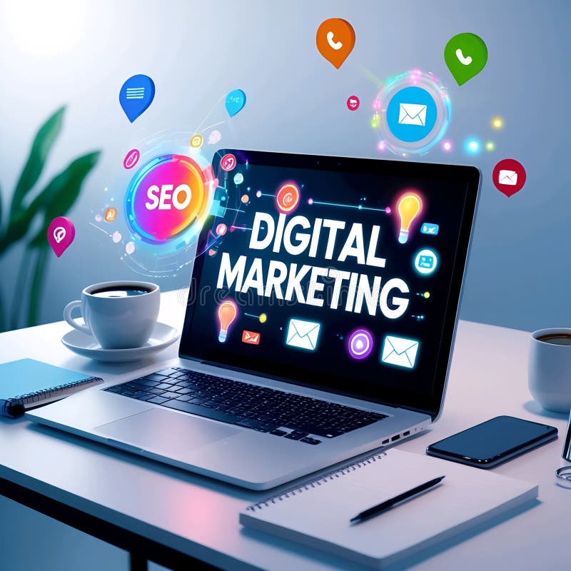 Engaging Digital Marketing Workspace Stock Illustration - Illustration ...