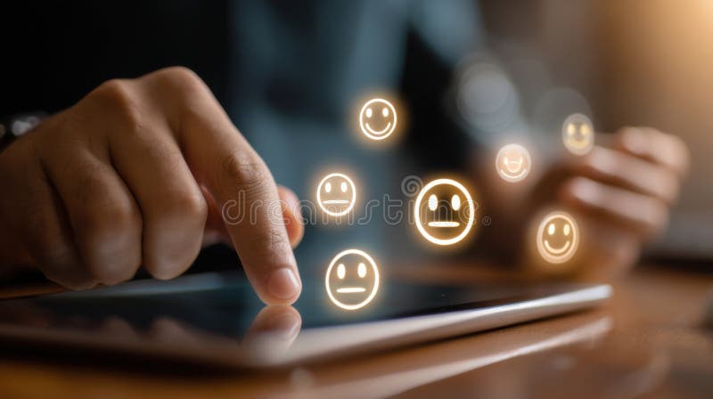 Engaging with Digital Smiley Faces on a Tablet in a Modern Workspace ...