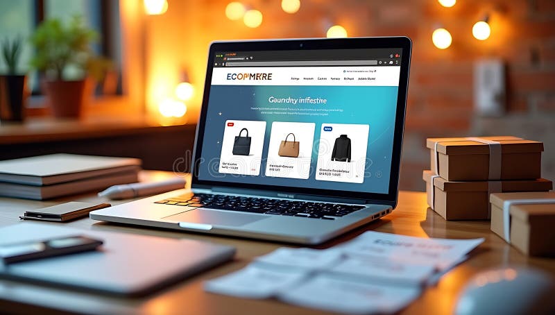 Engaging E-commerce Workspace for Online Sales Stock Illustration ...