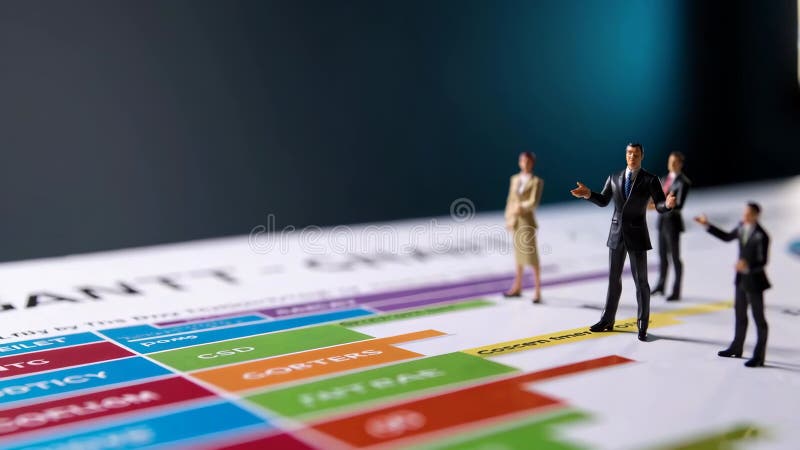 Business Meeting Scene Footage with Miniature Figures on Gantt Chart ...