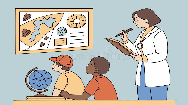 Engaging Geography Class with Teacher and Interactive Globe, Vector ...