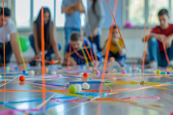 Engaging Group Activity with Colorful Strings and Objects on Floor ...