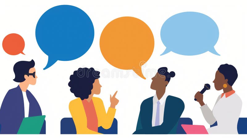 Engaging Group Discussion with Diverse Team and Colorful Speech Bubbles ...