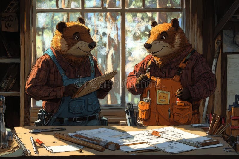 Beavers Collaborate on Construction Plans Stock Illustration ...