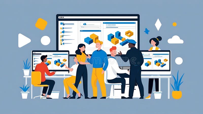 Diverse Team Collaborating on Digital Project with Colorful Graphics in ...