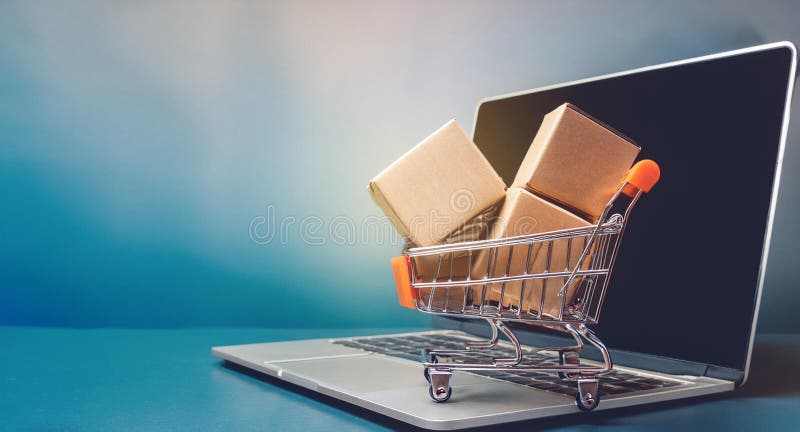 Product Package Boxes and Shopping Bag in Cart with Laptop for Web ...
