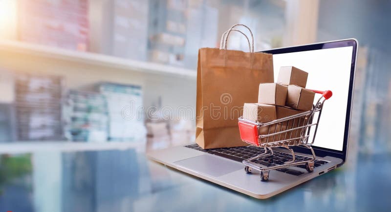 Product Package Boxes and Shopping Bag in Cart with Laptop for Web ...