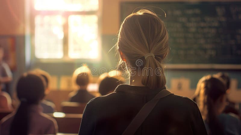 Teacher in a Classroom with Sunlight Streaming through Windows Viewed ...