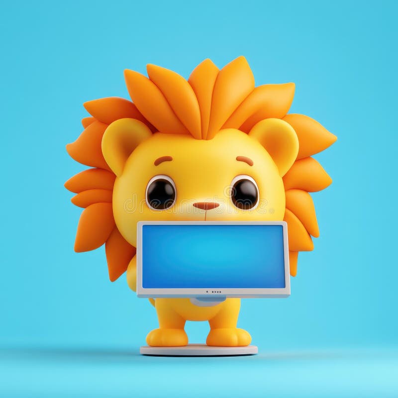 A Cute 3D Lion Mascot with a Computer Screen Head, Combining Techsavvy ...