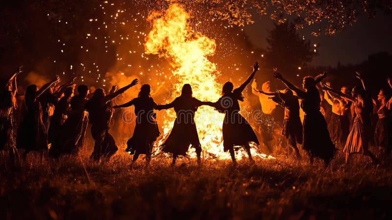 Engaging in a Nighttime Ritual by the Bonfire with Figures Dancing ...