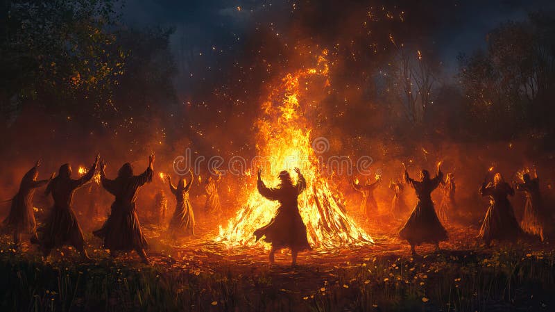 Engaging in a Nighttime Ritual by the Bonfire with Figures Dancing ...