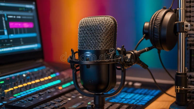 Engaging Podcast Setup with Microphone, Headphones, and Digital Audio ...