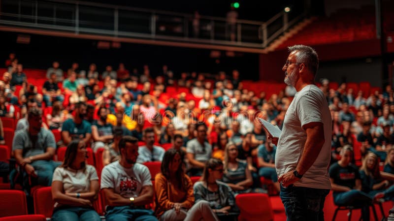 Engaging Speaker Addressing Enthusiastic Audience in Modern Theater ...
