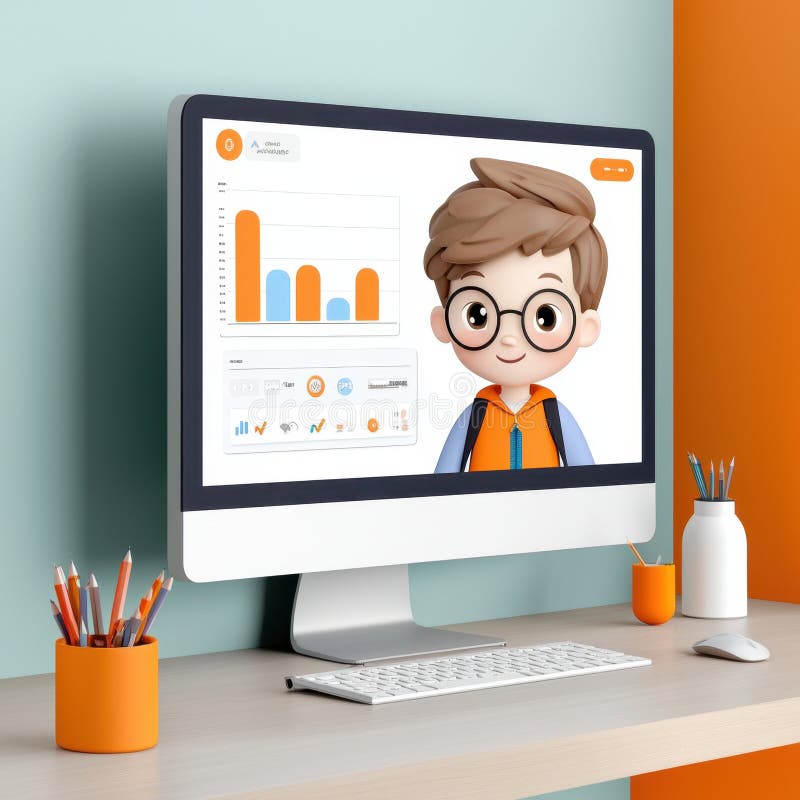 Engaging Visual of Computer Setup Featuring Cartoon Boy, Educational ...