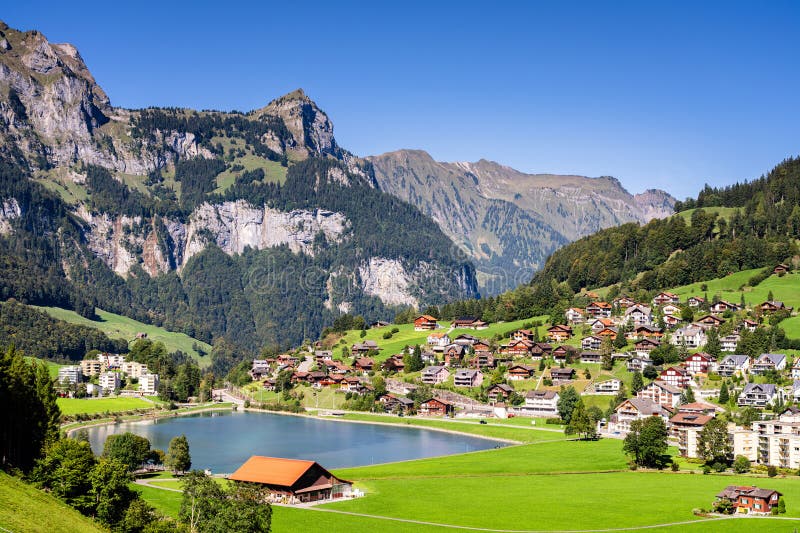 Engelberg, Switzerland with Eugenisee Lake Stock Photo - Image of ...