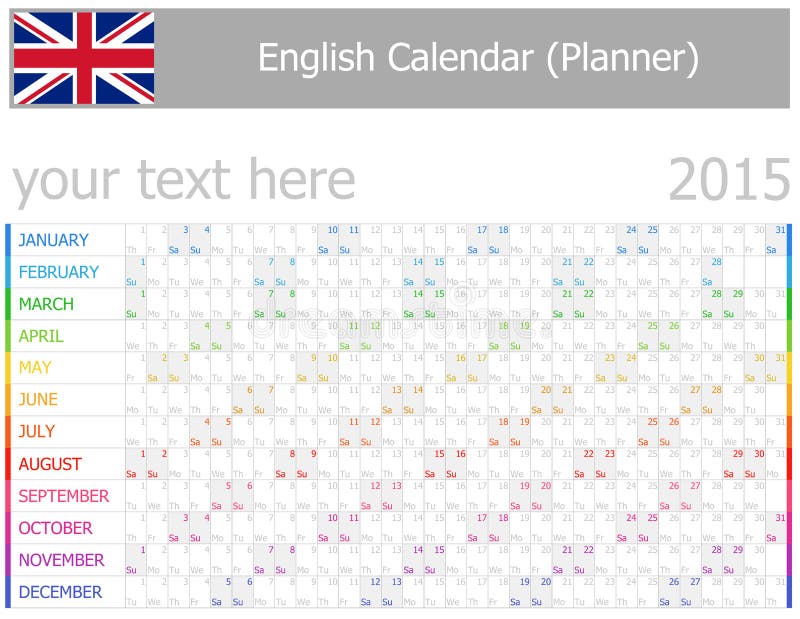 2015 Engelse Kalender Ontwerper-2 Met Horizontale Maanden Vector ...