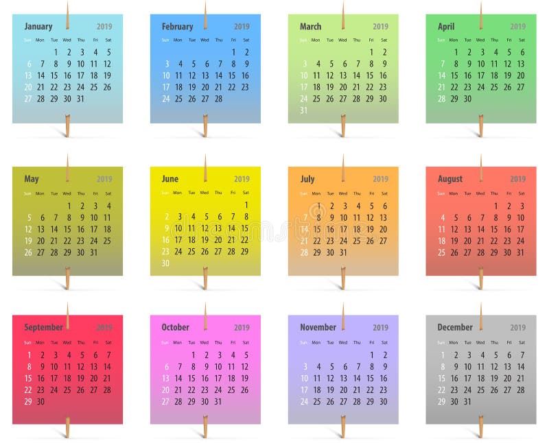 2019 Engelse Kalenders Met Kleurenstickers Vector Illustratie ...