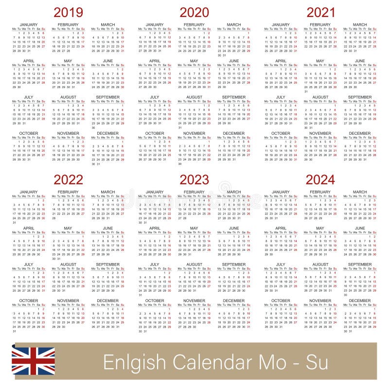 Engelsk kalender 2019-2024 vektor illustrationer. Illustration av ...