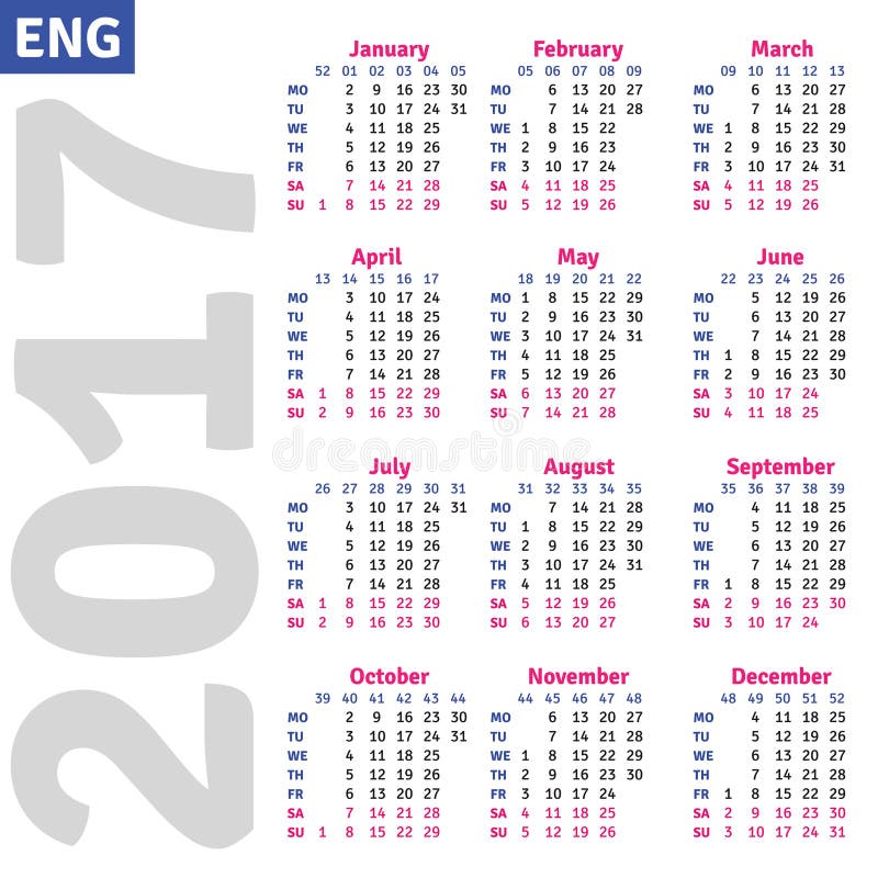 Engelsk kalender 2017 vektor illustrationer. Illustration av ...