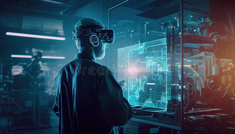 Engeneer Working with HUD Holigraphic Interface in Futuristic Factory ...