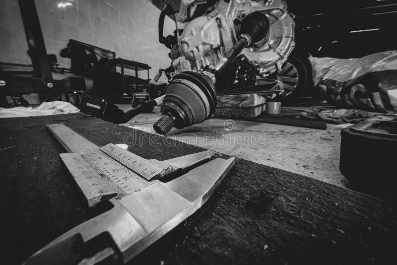 The Engine on Background, Vernier Caliper, Adjustment and Precision ...