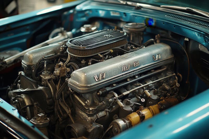 Engine Bay of a Classic Car Showcasing a Powerful V6 Engine during a ...