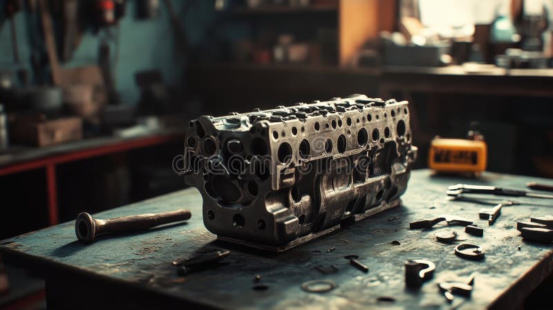 Engine Block on Table: a Close-Up of Precision Engineering in a ...
