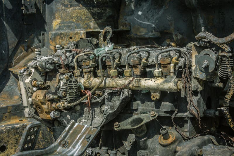Engine of a burned car stock photo. Image of accident - 117979342