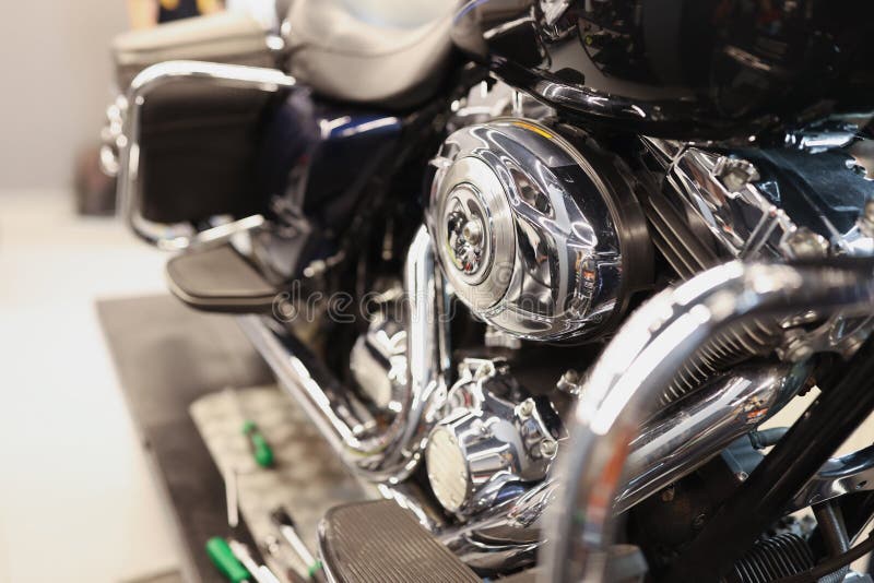 Engine of Chrome-plated Modern Motorcycle and Gearbox Stock Photo ...