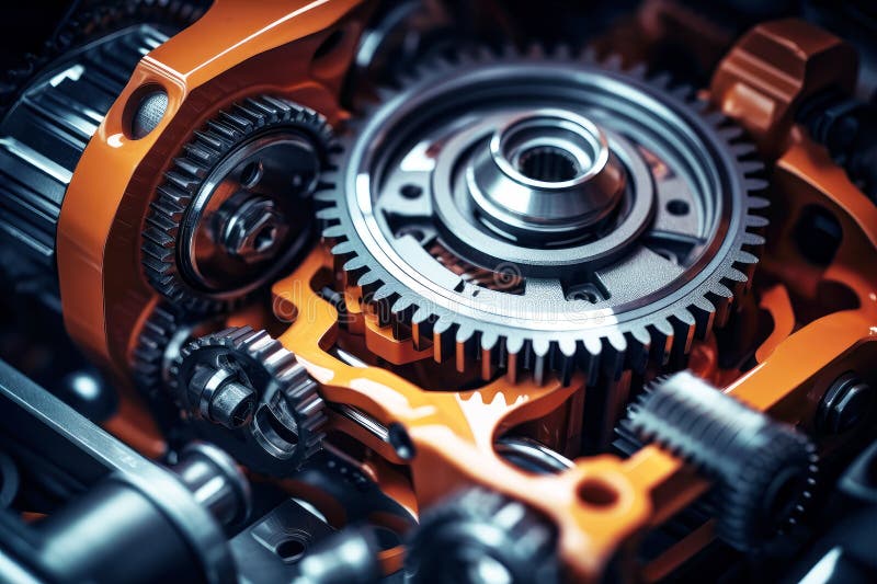 Engine with Cogwheels and Gears Working. Industrial Close-up Stock ...