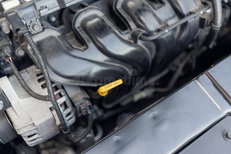 Engine Compartment with Visible Engine Oil Dipstick Labeled "ENG OIL ...
