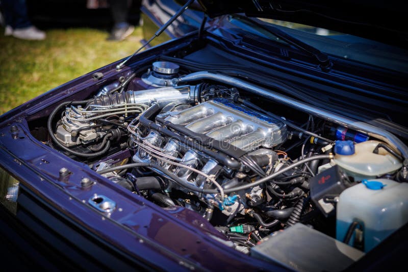 The Engine Compartment of a VW Golf Contains a Tuned Engine Stock Photo ...