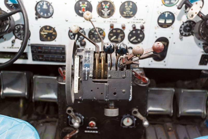 Engine Controls in the Cockpit of an Old Airplane Stock Photo - Image ...