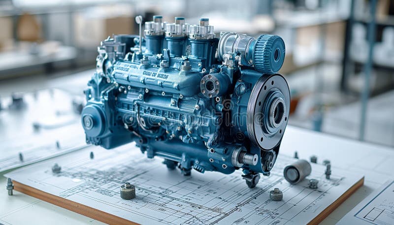 Engine Displayed on Mechanical Blueprint Background Stock Photo - Image ...