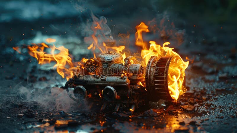 Engine Engulfed in Flames at a Roadside, Emitting Smoke and Fire during ...
