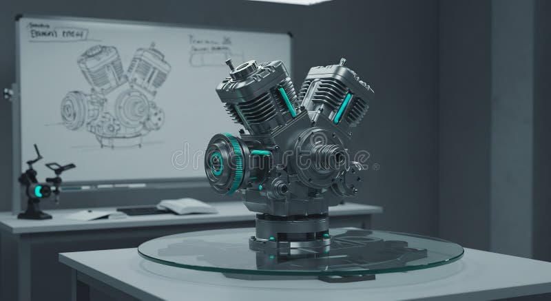 Engine Model on Display with Technical Drawing in Background Stock ...