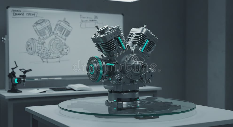 Engine Model on Display with Technical Drawing in Background Stock ...