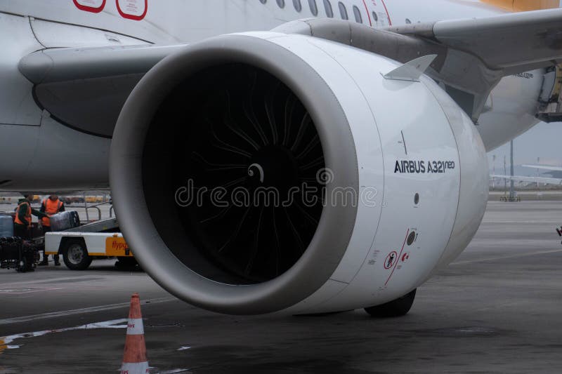 The Engine of a Modern Airplane Close-up, an Airplane at the Airport ...