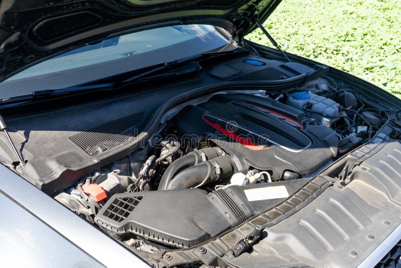 The Engine of the Modern Car, the Bonnet is Open. Stock Photo - Image ...