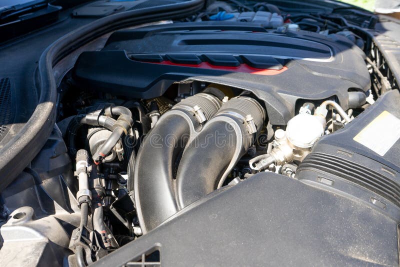 The Engine of the Modern Car, the Bonnet is Open. Stock Image - Image ...