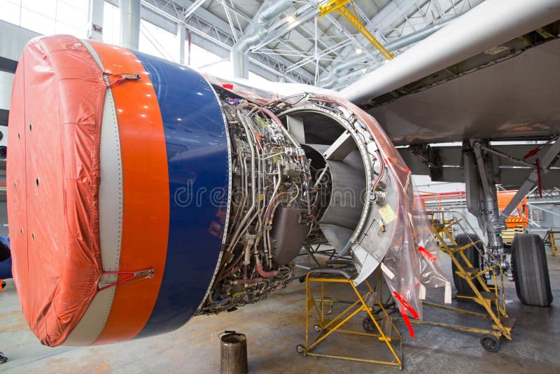 Engine of Modern Passenger Jet Plane Close Up. the Bonnet is Open ...