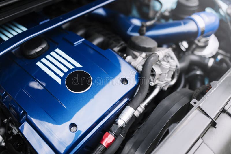 Engine Motor of Blue Car Under Hood Stock Photo - Image of ...