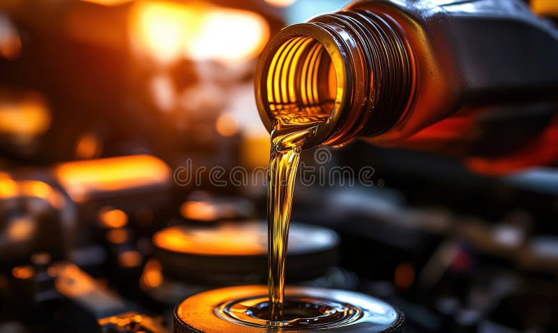 Engine Oil Pouring into Car Engine during Maintenance with Warm ...