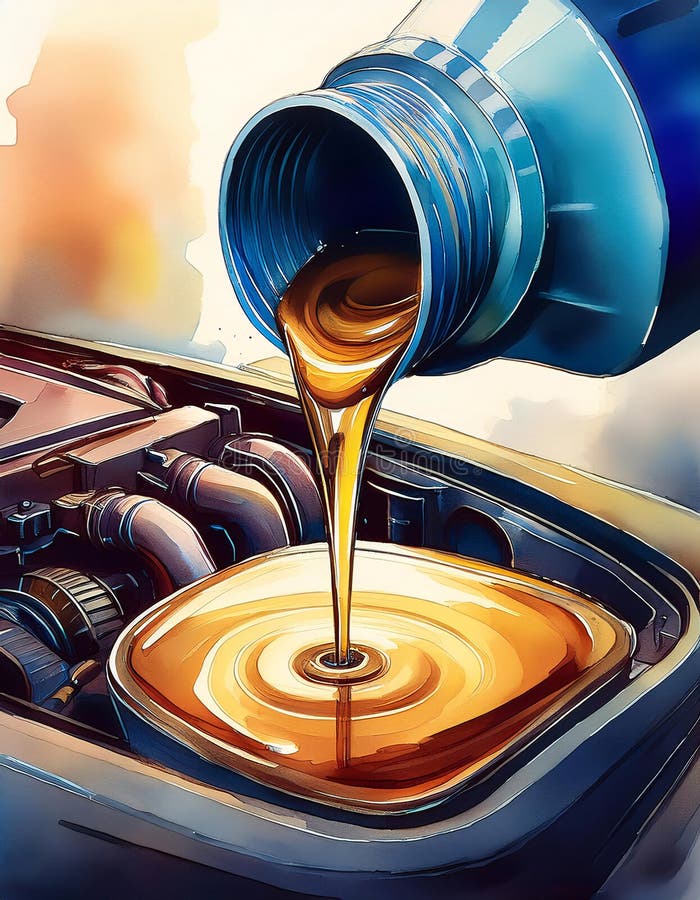 Engine Oil Pours from a Blue Bottle into a Funnel, Above a Car Engine ...