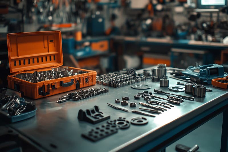 Engine Parts and Tools Arranged on a Glossy Metal Table in a Workshop ...