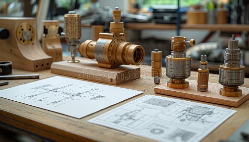 Engine Parts on a Workshop Table with Blueprints Stock Image - Image of ...